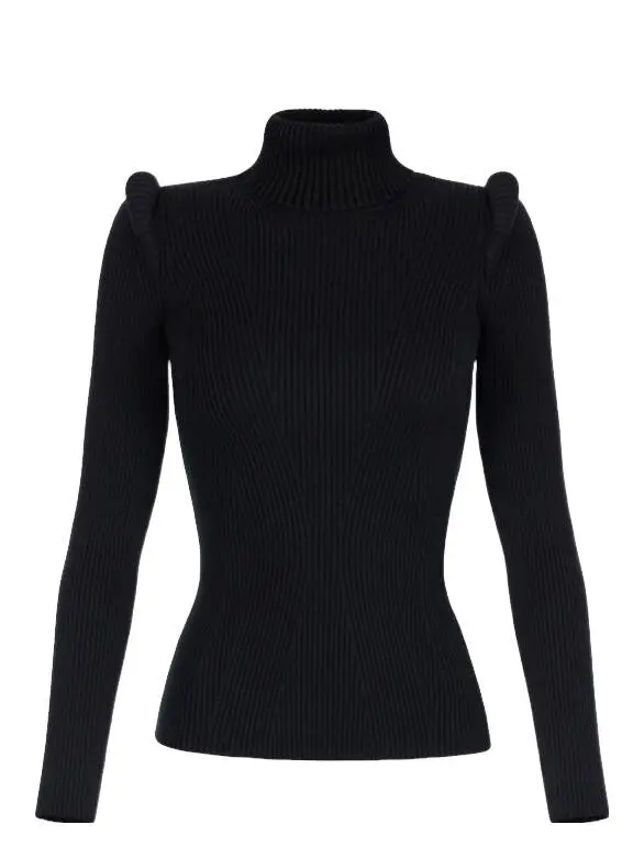 Elisabetta Franchi Ribbed Knit Turtleneck Sweater With Padded Shoulders - Black