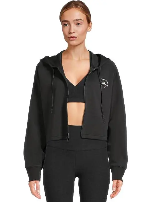 Adidas By Stella McCartney Cropped Hoodie Jacket With Drawcord And Logo Detail - Black