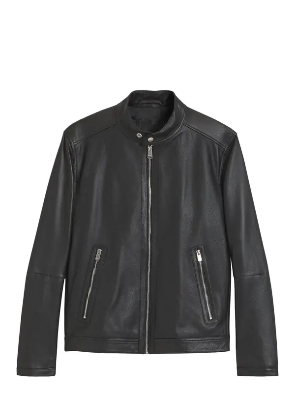 BOSS Grained Leather Zip-up Jacket With Logo Trim - Black