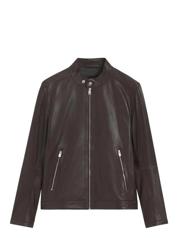 BOSS Grained Leather Zip-up Jacket With Logo Trim - Light Brown