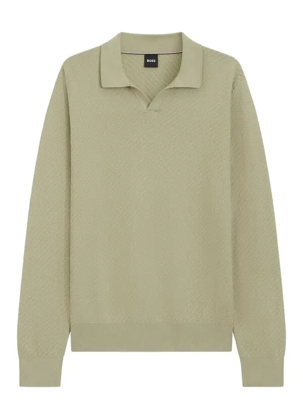 BOSS Knitted Cotton Sweater With Johnny Collar - Khaki