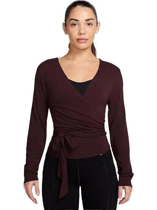 Nike Relaxed Dri-fit Long Sleeve Wrap Top - Burgundy