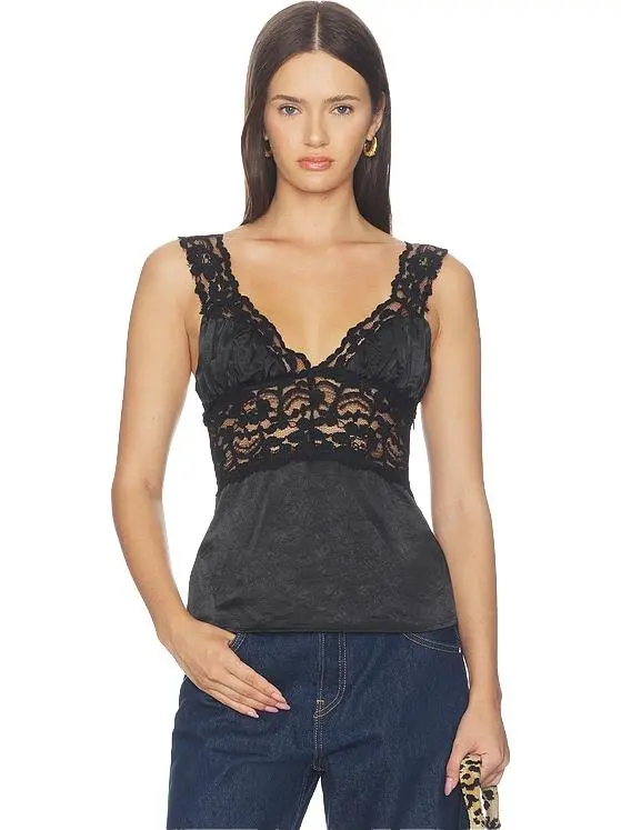MORE TO COME Lace Detailing Lightweight Satin Top - Black