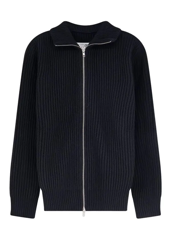 MAISON MARGIELA Ribbed Wool Blend High Neck Cardigan - Black