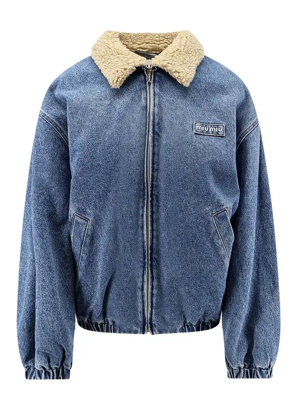 Miu Miu Denim Jacket With Faux Fur Collar And Logo Patch - Blue
