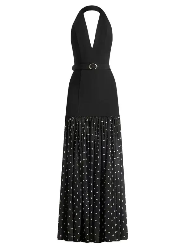 Manière De Voir Halterneck Belted Polka-dot Maxi Dress - Black
