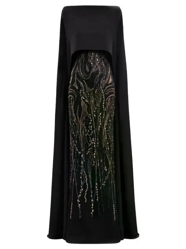 GEMY MAALOUF Beaded Embellished Cape Maxi Dress - Black