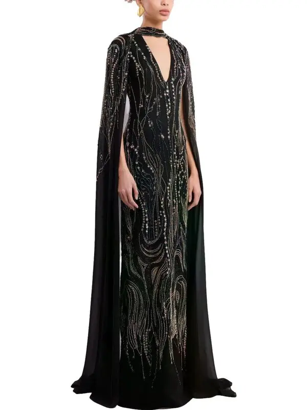 GEMY MAALOUF Embellished Maxi Dress With Cape Sleeves - Black