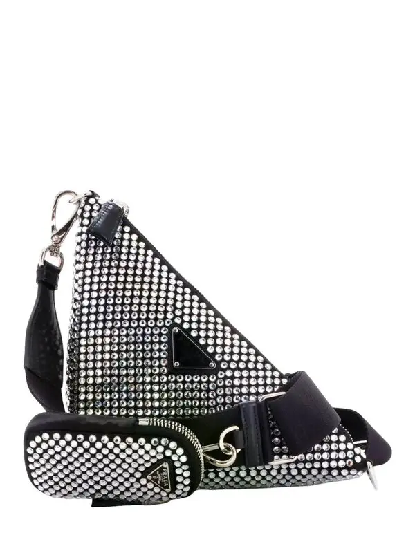 Prada Triangle Logo Zip Crystal Embellished Satin Small Crossbody Bag - Black
