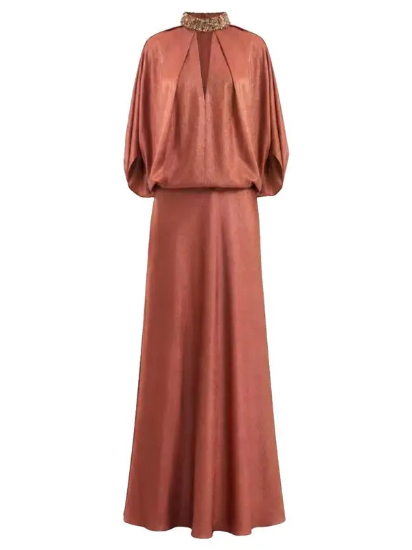 GEMY MAALOUF Embellished High Neck Keyhole Maxi Dress - Brown