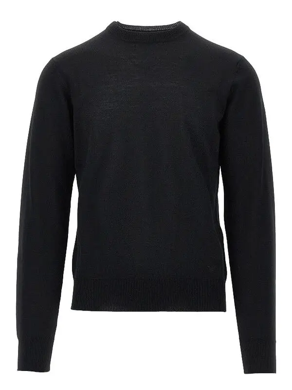 Emporio Armani Virgin Wool Sweater With Eagle Embroidery - Black