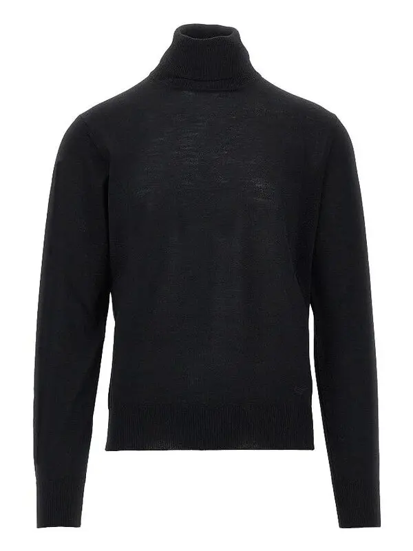 Emporio Armani Virgin Wool Turtleneck With Eagle Embroidery - Black