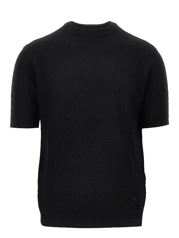 Emporio Armani Virgin Wool Knit T-shirt With All-over Pattern Stitch - Black