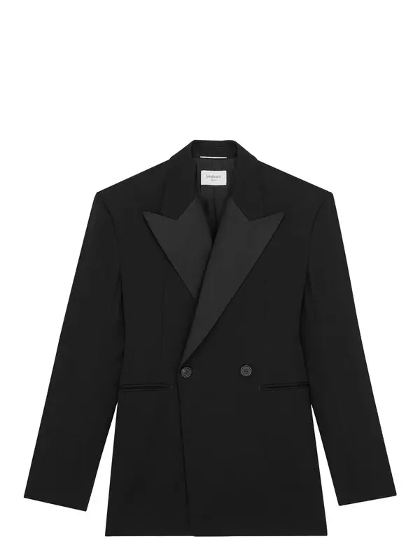Saint Laurent Double-breasted Tuxedo Jacket In Grain De Poudre - Noir