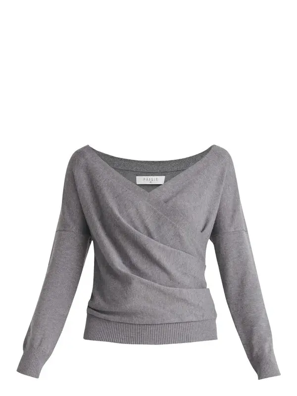 PAISIE Long Sleeve Knitted Wrap Top - Grey