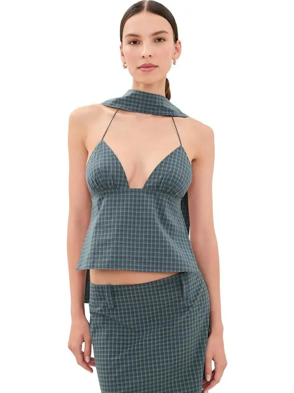 Lioness Play On Halter Top With Detachable Scarf In Plaid - Navy
