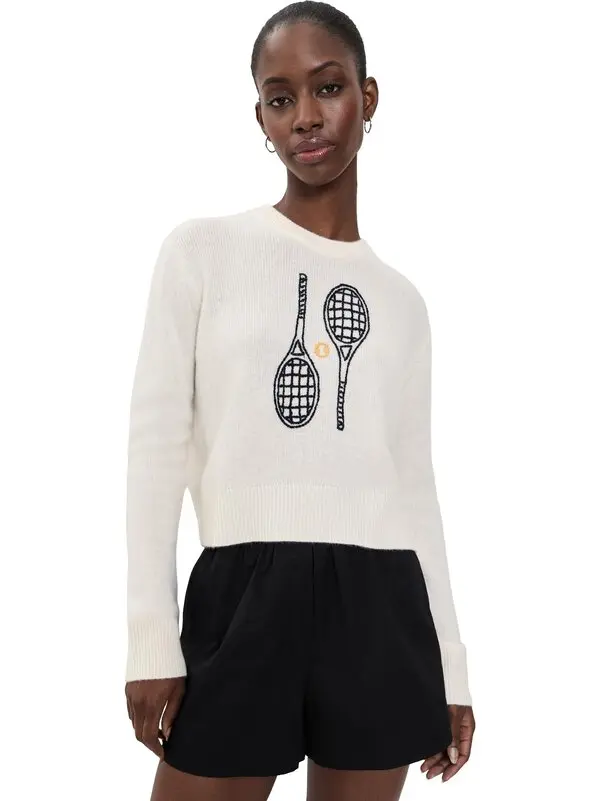 WHITE & WARREN Cashmere Tennis Graphic Sweatshirt - Soft White Combo