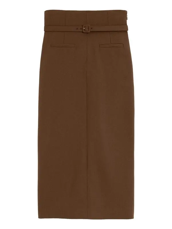 AMI Paris Belted Wool Pencil Skirt - Chocolate Brown