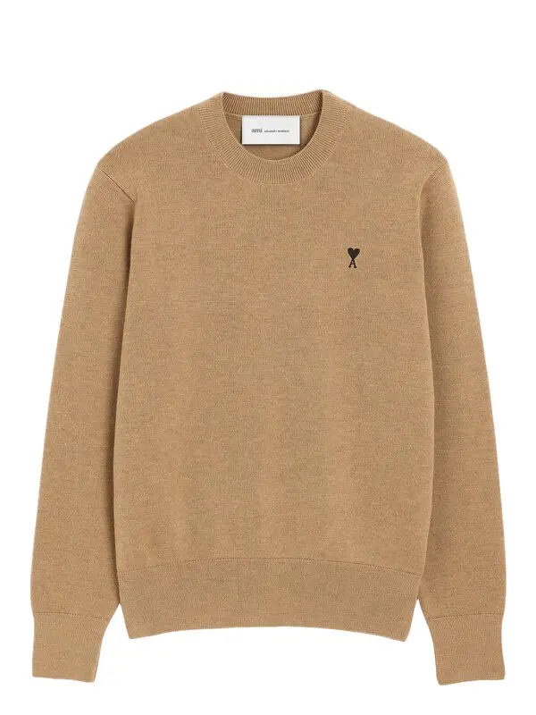 AMI Paris Crewneck Wool Sweater With De Coeur Embroidery - Camel Chine/black