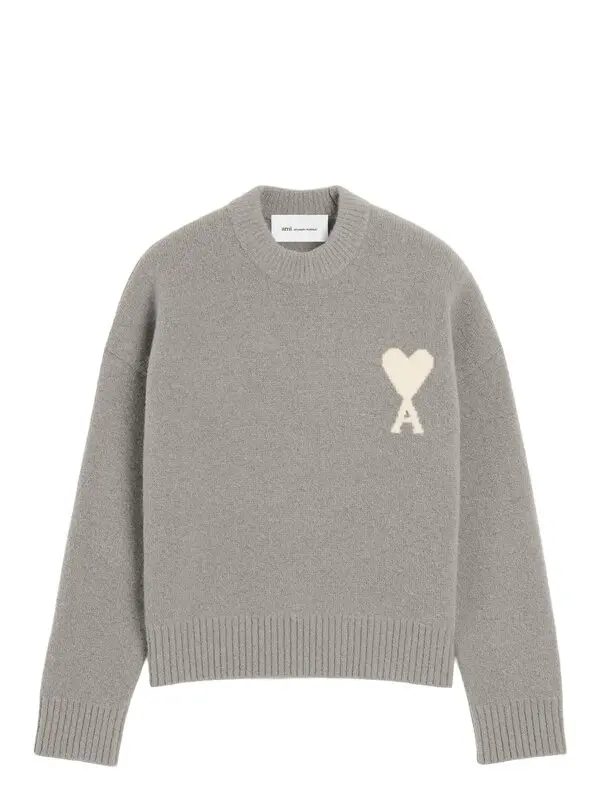 AMI Paris Grey Crewneck Alpaca Sweater With De Coeur - Ash Gray/ecru