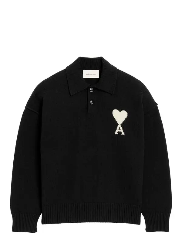 AMI Paris Black Wool Polo - Black/off White