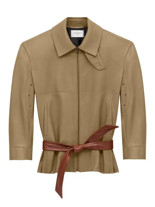 Saint Laurent Belted Jacket In Lambskin - Brown