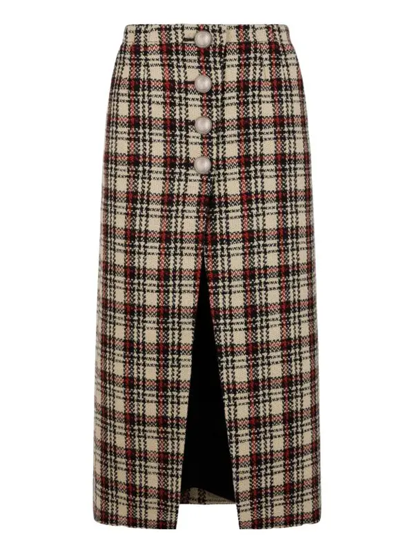 Rabanne Tartan Pattern Midi Skirt With Button Detailing - Black/orange/cream