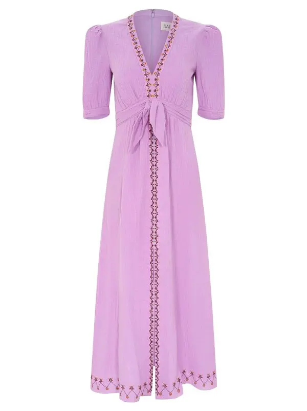 Saloni V-neck Dress With Bubble Sleeves And Front Tie Detail - Light Purple