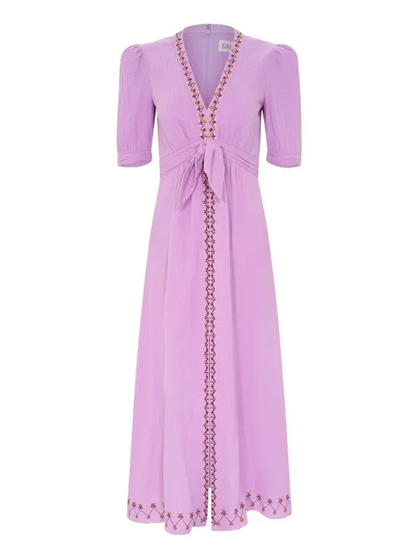 Saloni V-neck Dress With Bubble Sleeves And Front Tie Detail - Purple