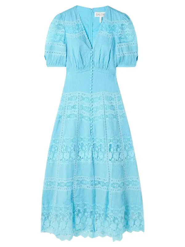 Saloni Spliced Pleated Dress - Blue