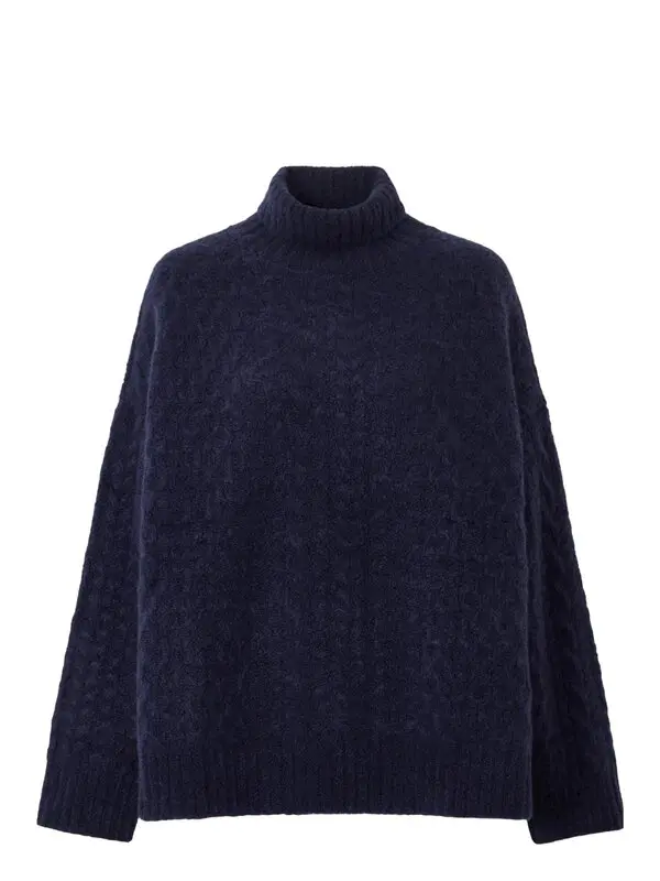 THE ELDER STATESMAN Cable Knit Turtleneck Sweater - Navy Blue