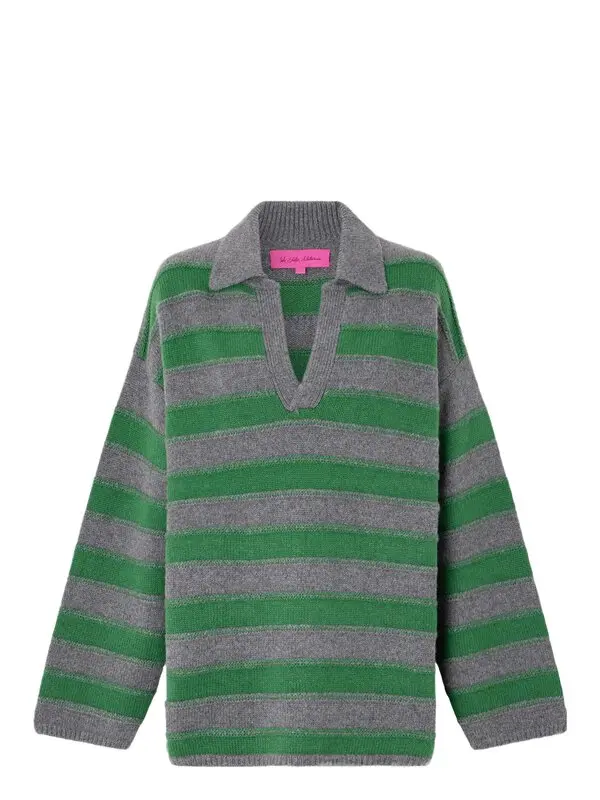 THE ELDER STATESMAN Striped Cashmere Polo Sweater - Gray/green