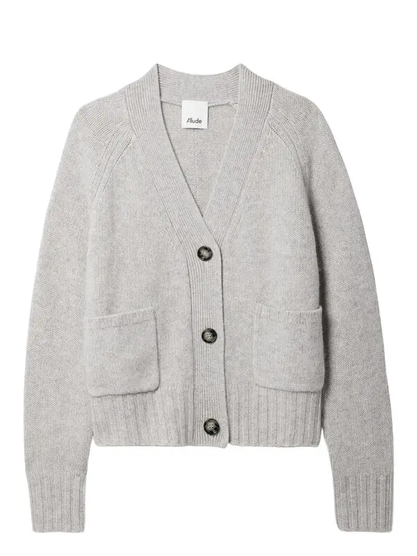 ALLUDE Long-sleeved Knitted Cardigan With V-neck And Pockets - Light Gray