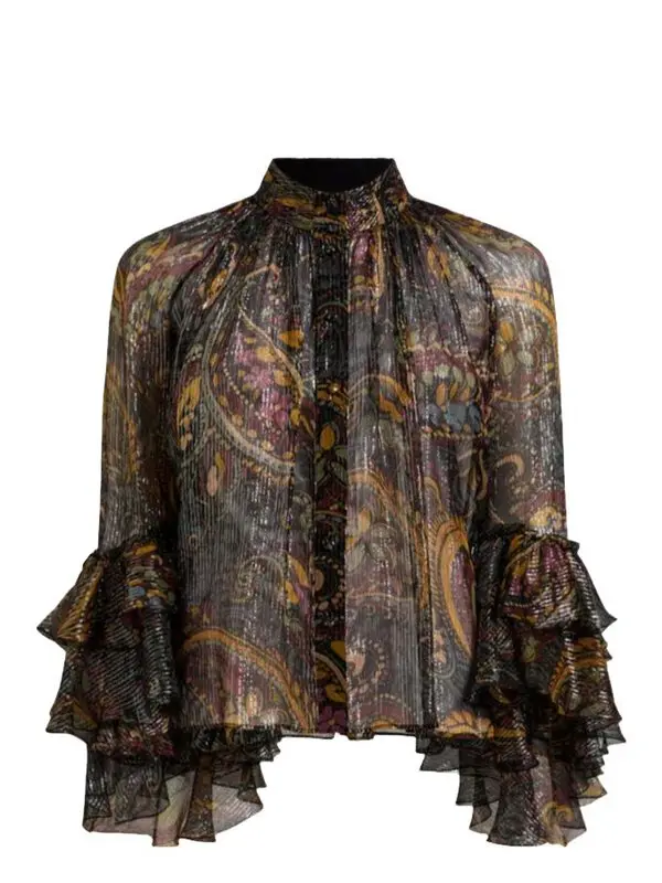 Etro Silk Shirt With Ruffle And Paisley Motif - Black