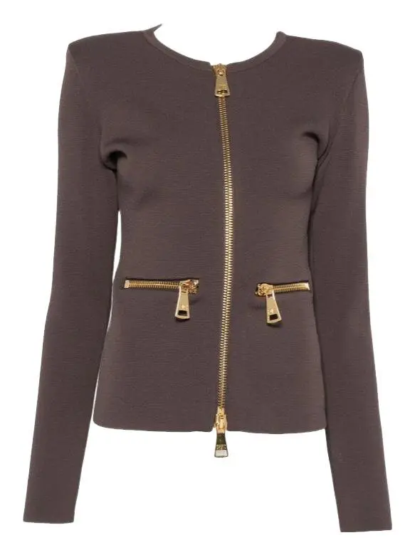 Elisabetta Franchi Knit Zip Cardigan - Coffee Brown