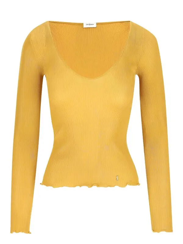 Saint Laurent Ribbed Long Sleeve Top With Logo Plaque - Yellow