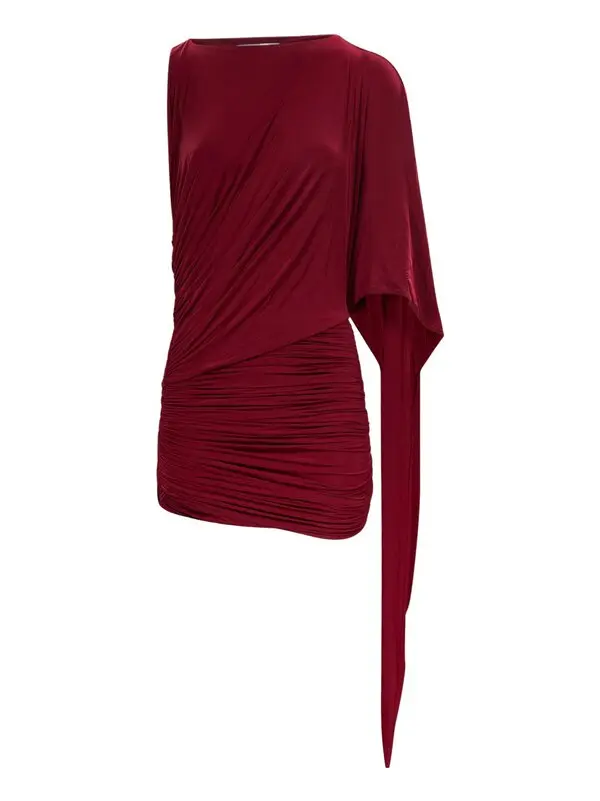 Alex Perry Asymmetrical One-shoulder Mini Dress With Bell Sleeves - Burgundy
