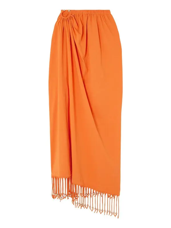 Rabanne Pleated Midi Skirt With Fringe And Embellishments - Orange