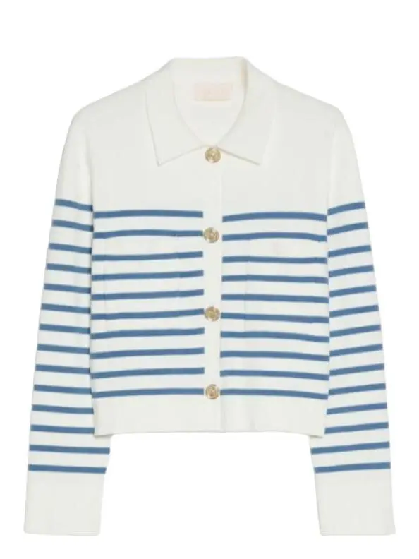 IBLUES Striped Boxy Cardigan With Collar And Patch Pockets - White