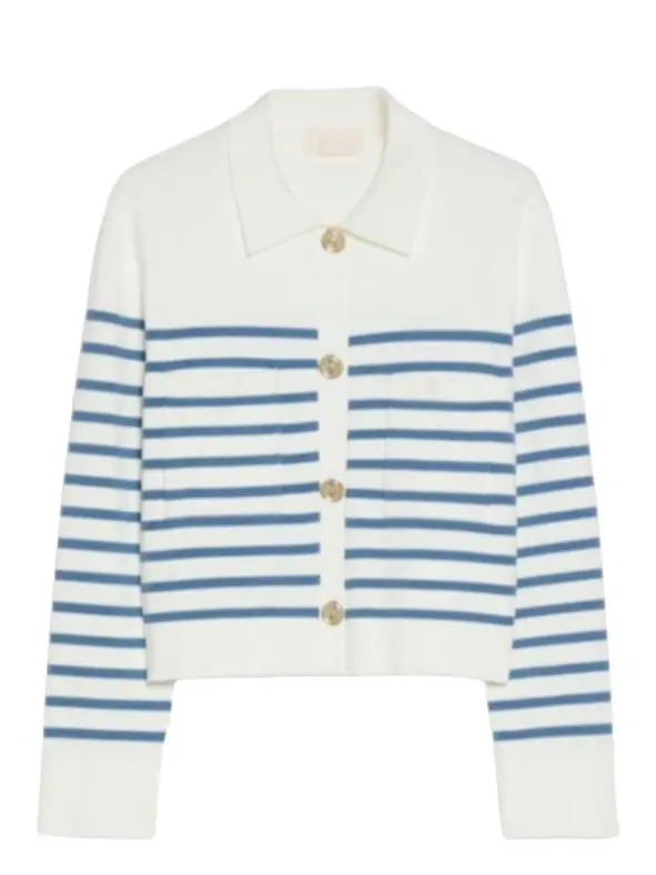 IBLUES Striped Boxy Cardigan With Collar And Patch Pockets - White