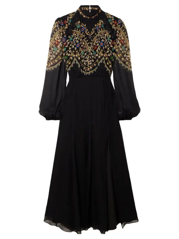 Saloni Jacqui-b Printed Chiffon Midi Dress - Black