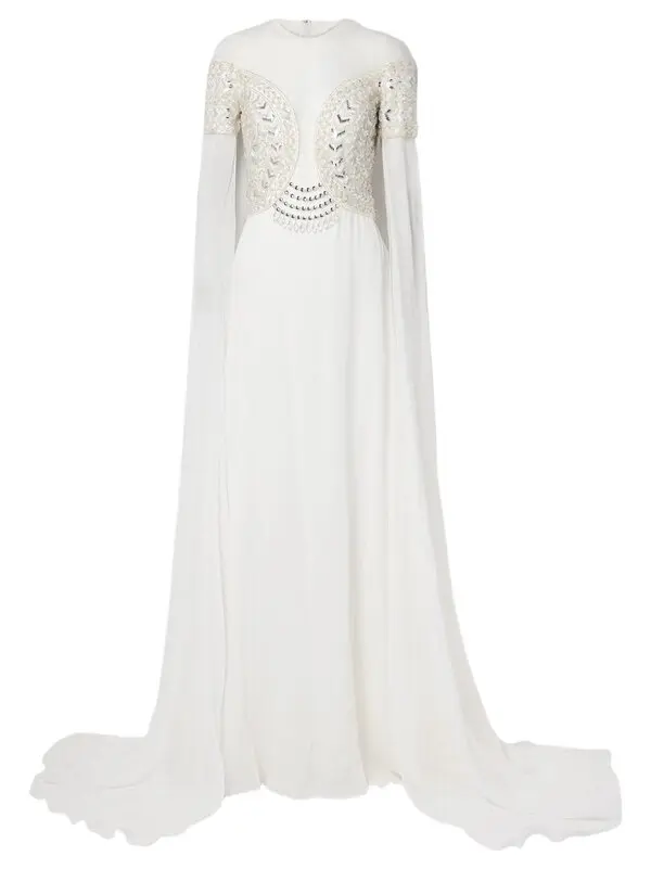 GEORGES HOBEIKA Embellished Georgette Gown With Tulle Trim - White