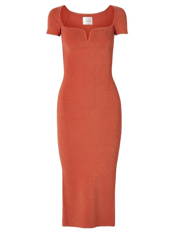 Galvan Short Sleeve Ribbed Knit Midi Dress - Brown