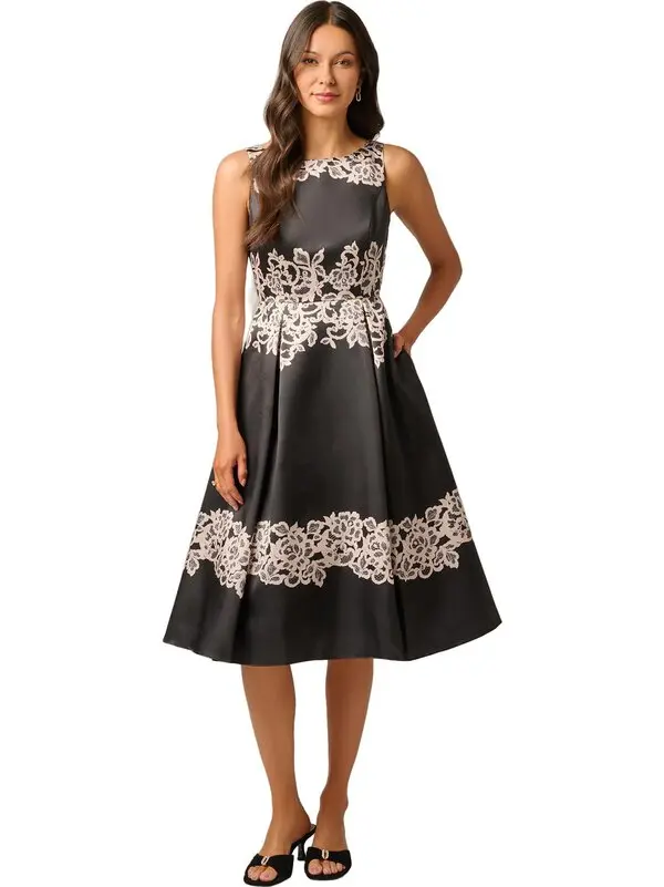Adrianna Papell Lace Print Fit And Flare Midi Dress - Black/ecru