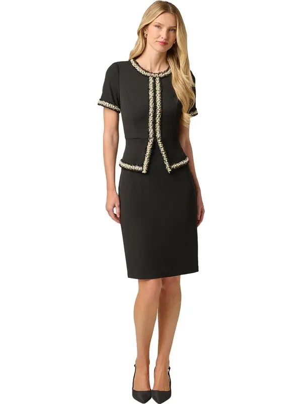 Adrianna Papell Short Sleeve Pearly Trim Peplum Stretch Sheath Dress - Black