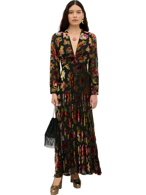 Rixo Emory Countryside Devoré Black Maxi Gown - Multi