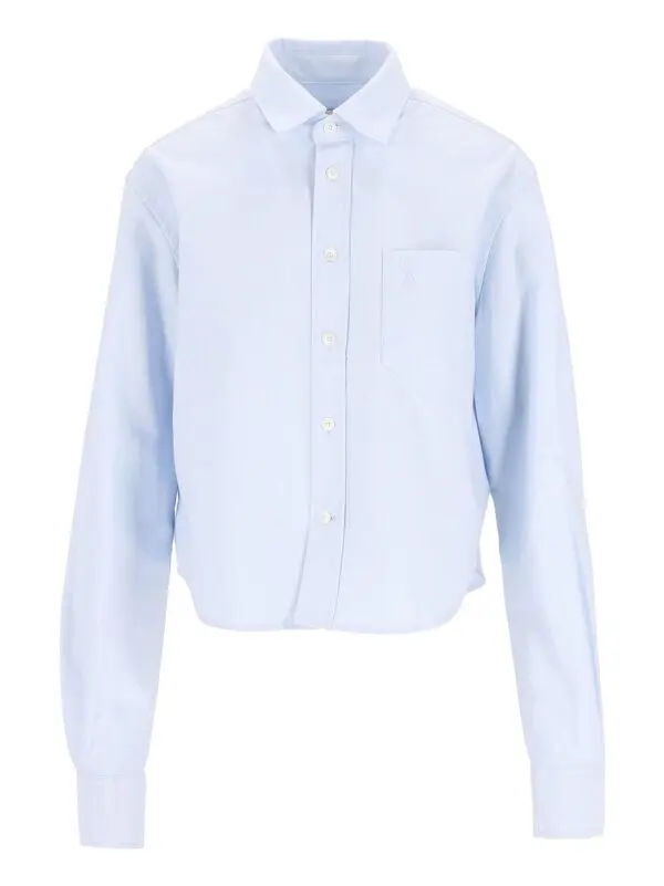 AMI Paris Cropped Cotton Oxford Shirt With Embroidered Logo - Blue