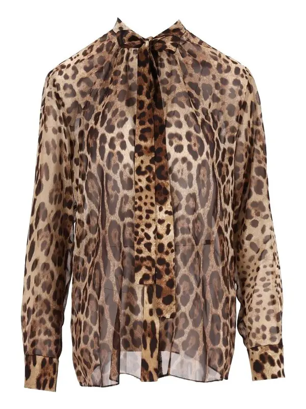 Dolce & Gabbana Leopard Print Silk Chiffon Shirt With Pussy Bow - Multicolor