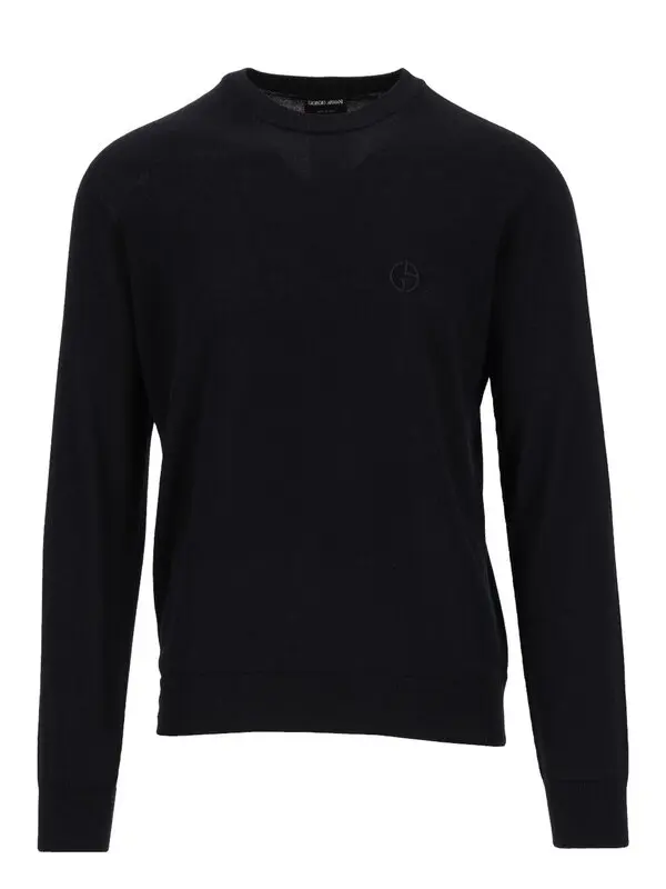 Giorgio Armani Crew Neck Wool Sweater With Embroidered Logo - Blue
