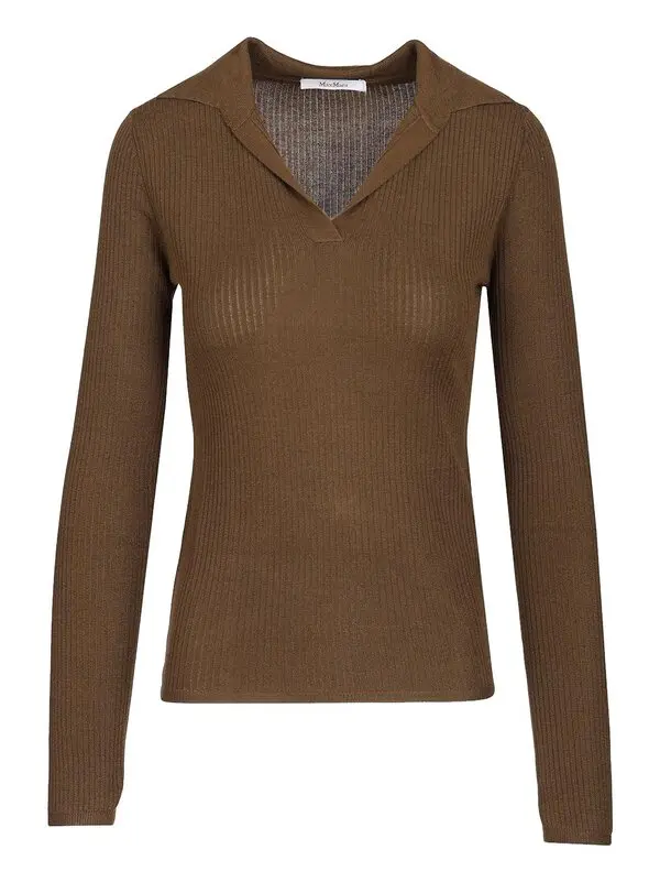 Max Mara Silk And Cashmere Blend Ribbed Knit Polo Top - Green